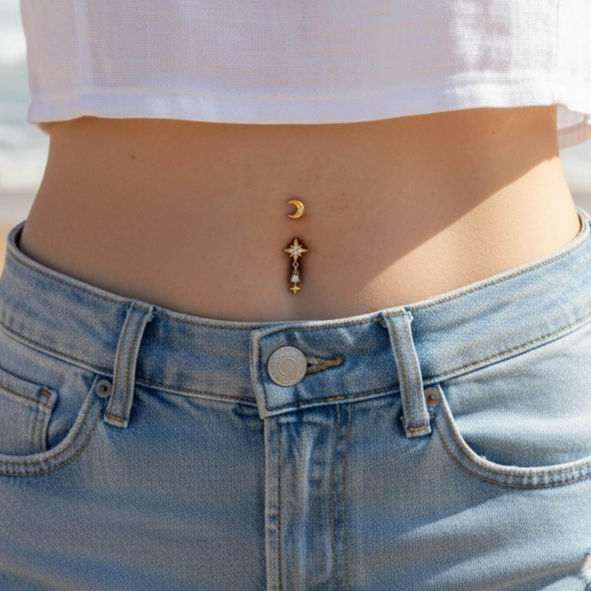 Belly Button Ring With Moon And Star Dangle Style Dangling Navel 7301