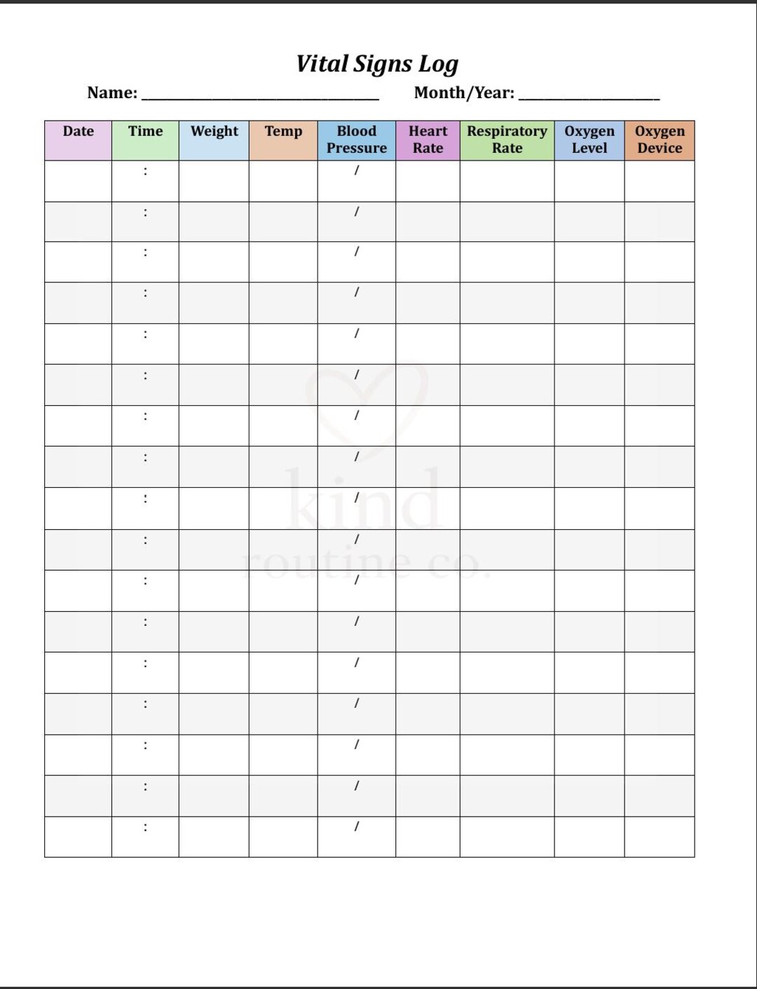 Daily Vital Signs Log | Printable Health Monitoring Chart PDF Download ...
