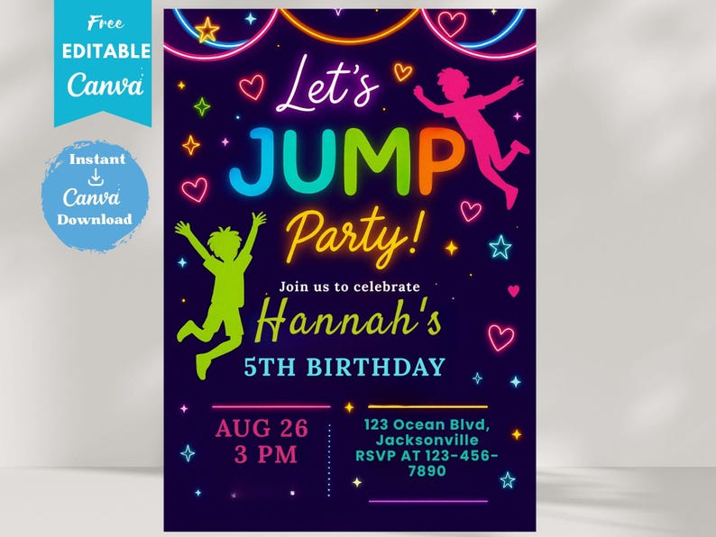 Trampoline Park Birthday Invitation, Jump Party Invite, Editable Canva ...
