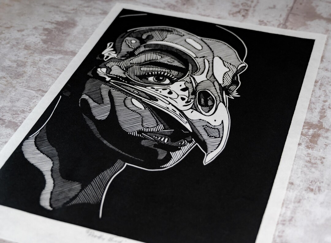 Original Linocut Print - Woman With Bird Mask, Handmade Relief Print ...