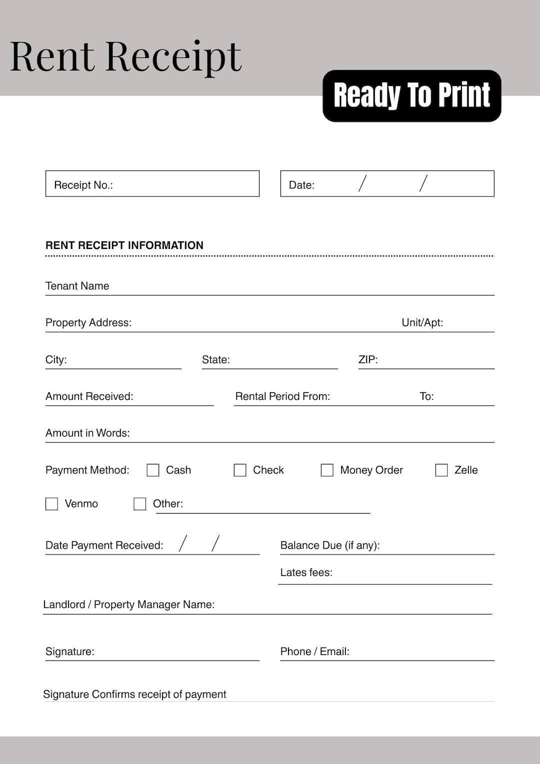 Rent Receipt Template – Printable PDF, Fill by Hand, Landlord & Tenant ...