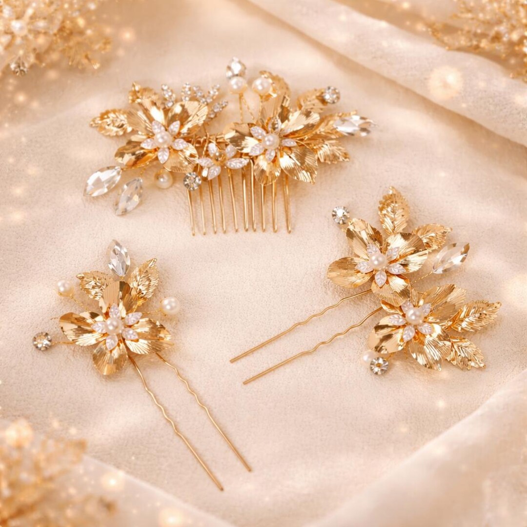 Gold Leaf Bridal Hair Comb and Pin Set, Pearl Crystal Wedding Hair ...