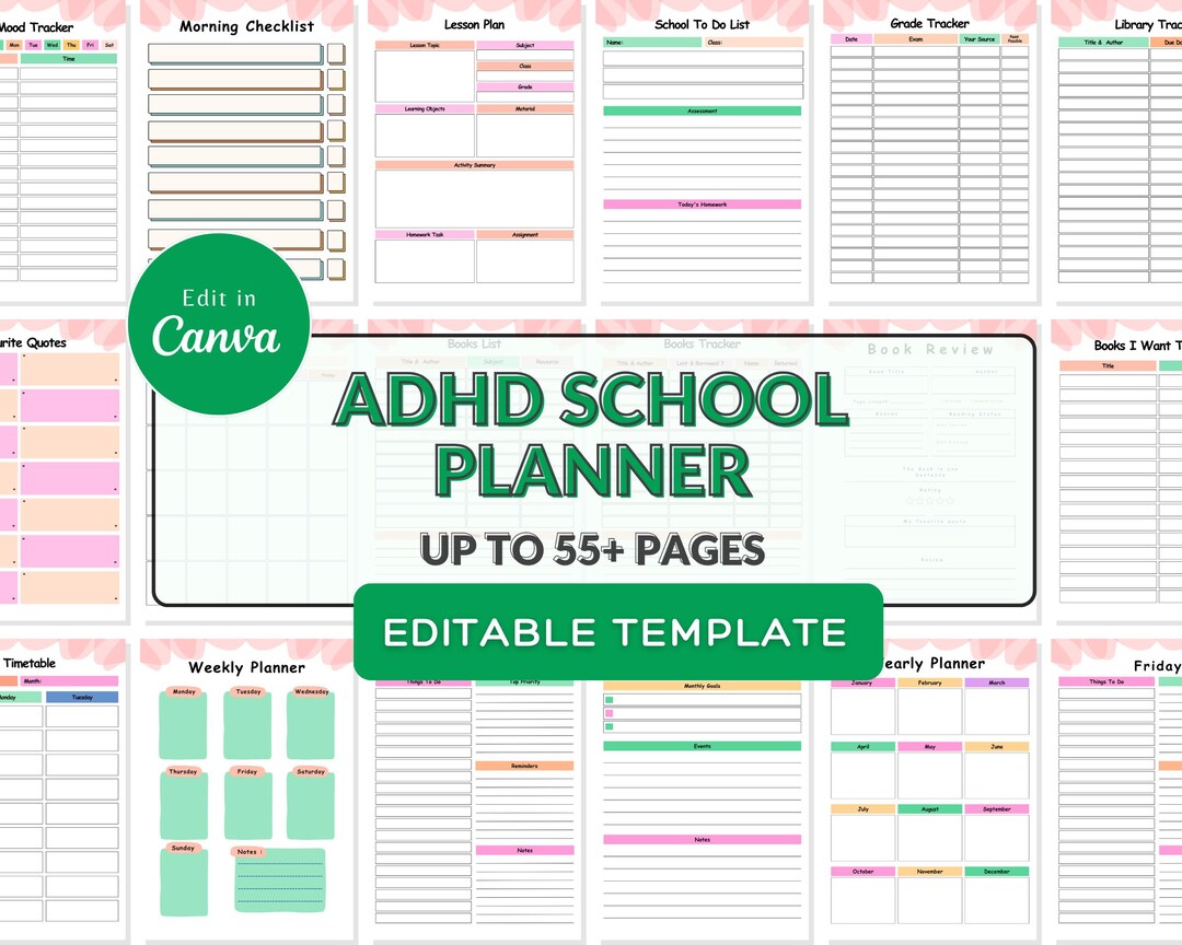 ADHD School Planner Canva Template | Student Homework Assignment ...