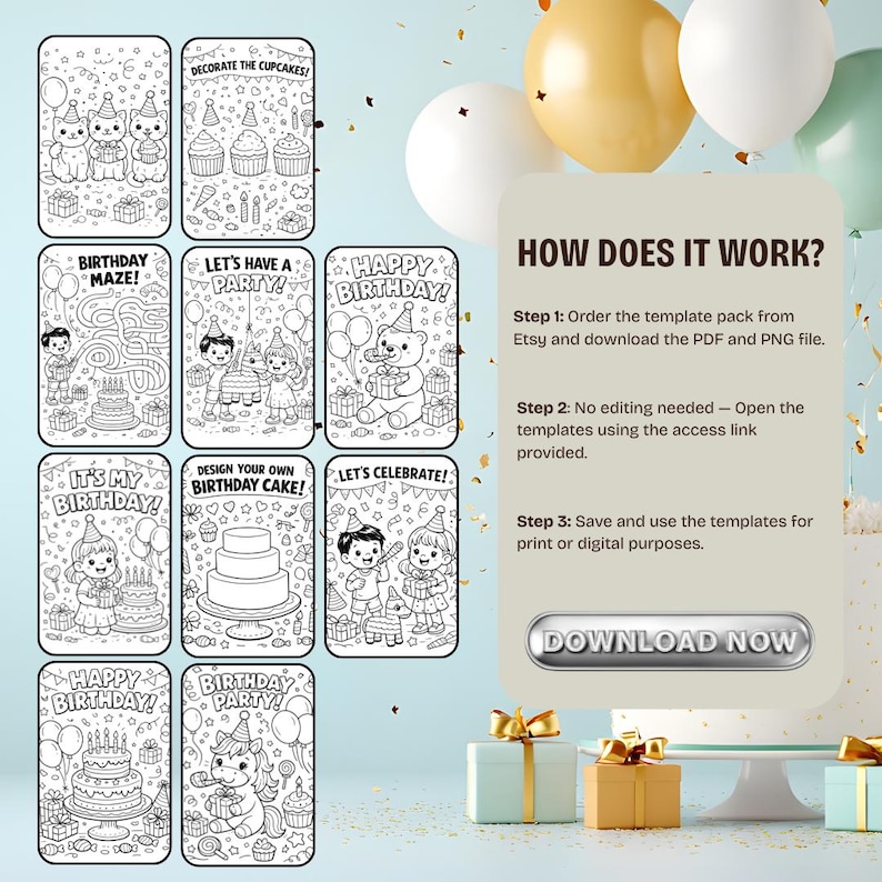 Kids Birthday Coloring Activity Sheets PNG PDF Party Placemat Printable ...
