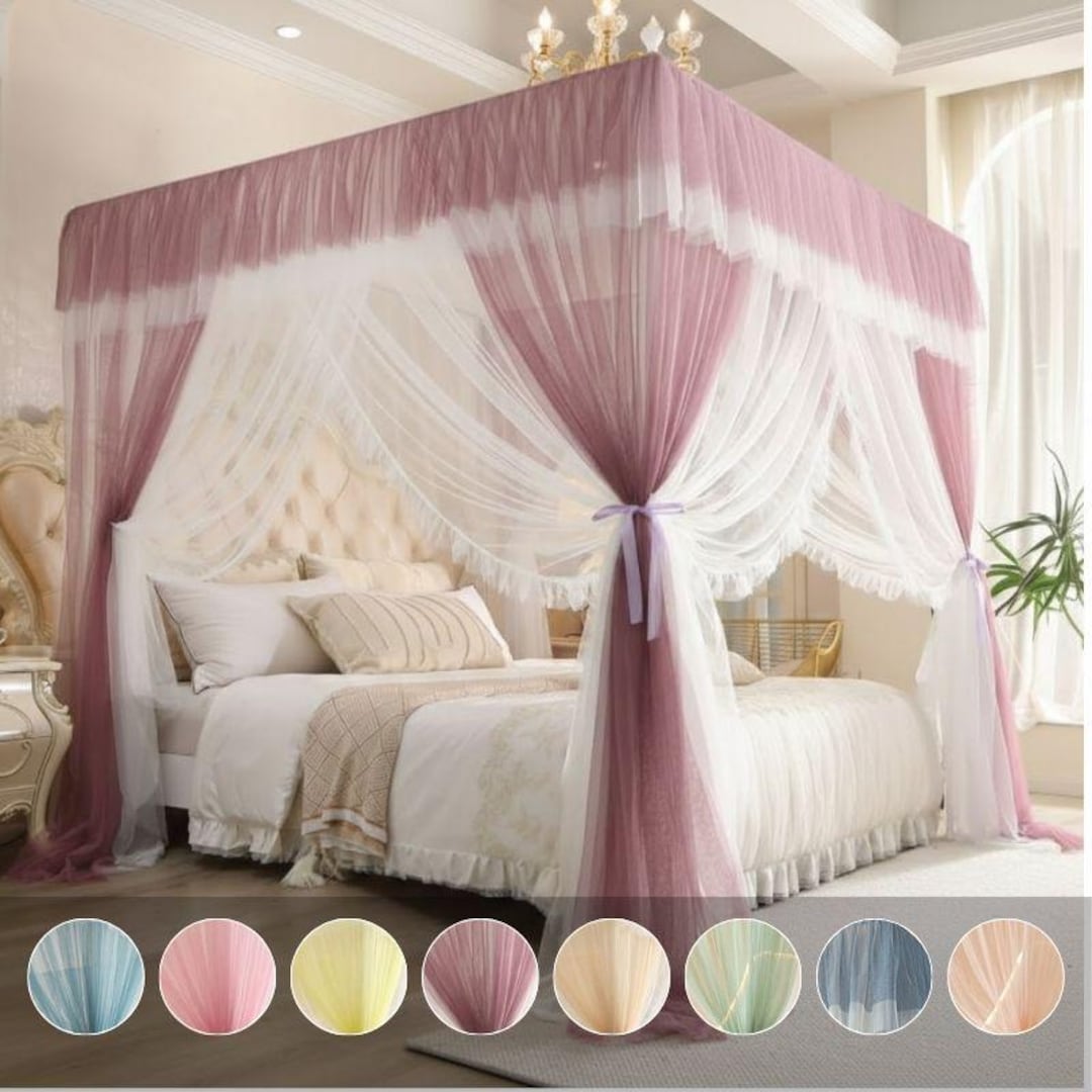 Sheer Ruffled Canopy Bed Curtains | Dreamy Pink White Bedroom Decor - Etsy