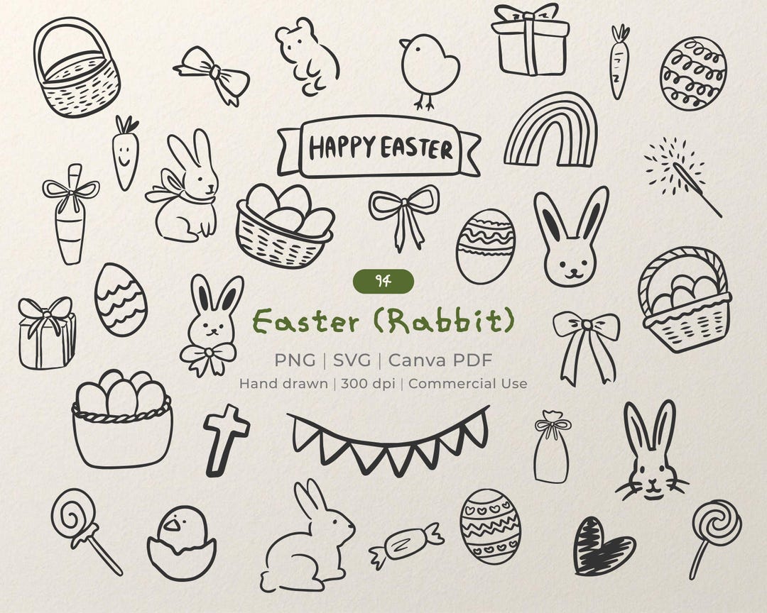 Hand Drawn Easter Rabbit Doodles Bunny Clipart Bundle (SVG, PNG ...