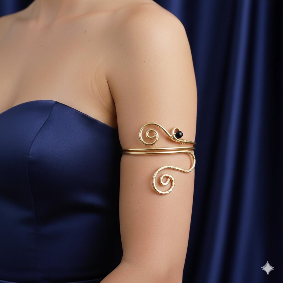 Gold Spiral Arm Cuff With Black Stone, Adjustable Brass Armlet, Tribal ...