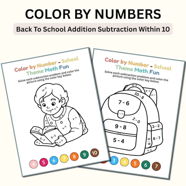 Back to School Color by Number Math Worksheets | Addition Subtraction ...