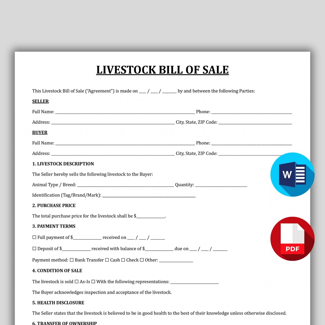 Livestock Bill of Sale Template, Animal Purchase Agreement, Editable ...