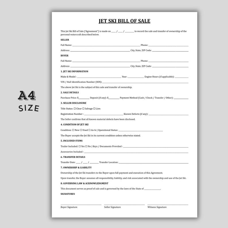 Jet Ski Bill of Sale, Printable Boat Sale Contract, Editable Jet Ski ...