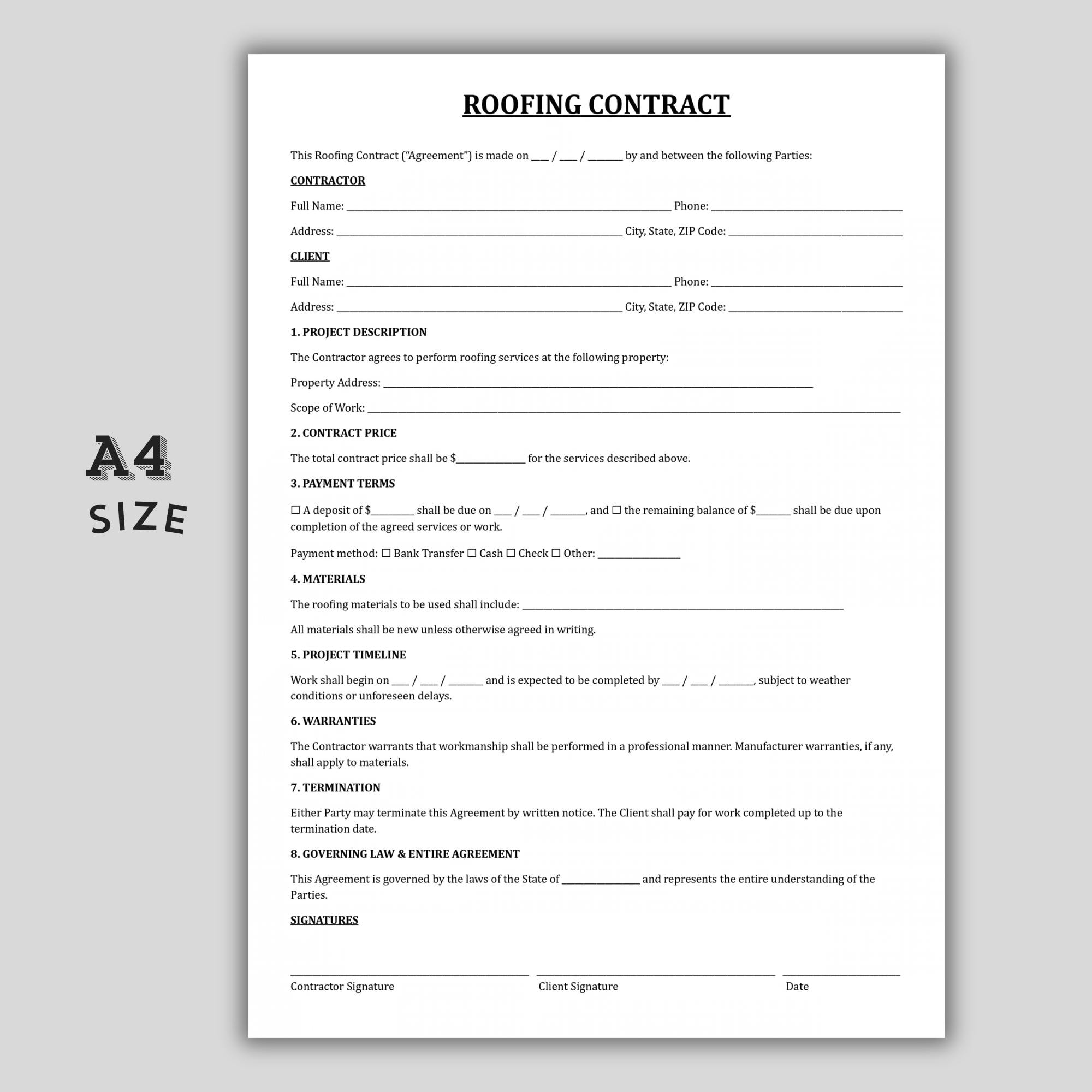Roofing Contract Template, Professional Service Agreement, Editable ...