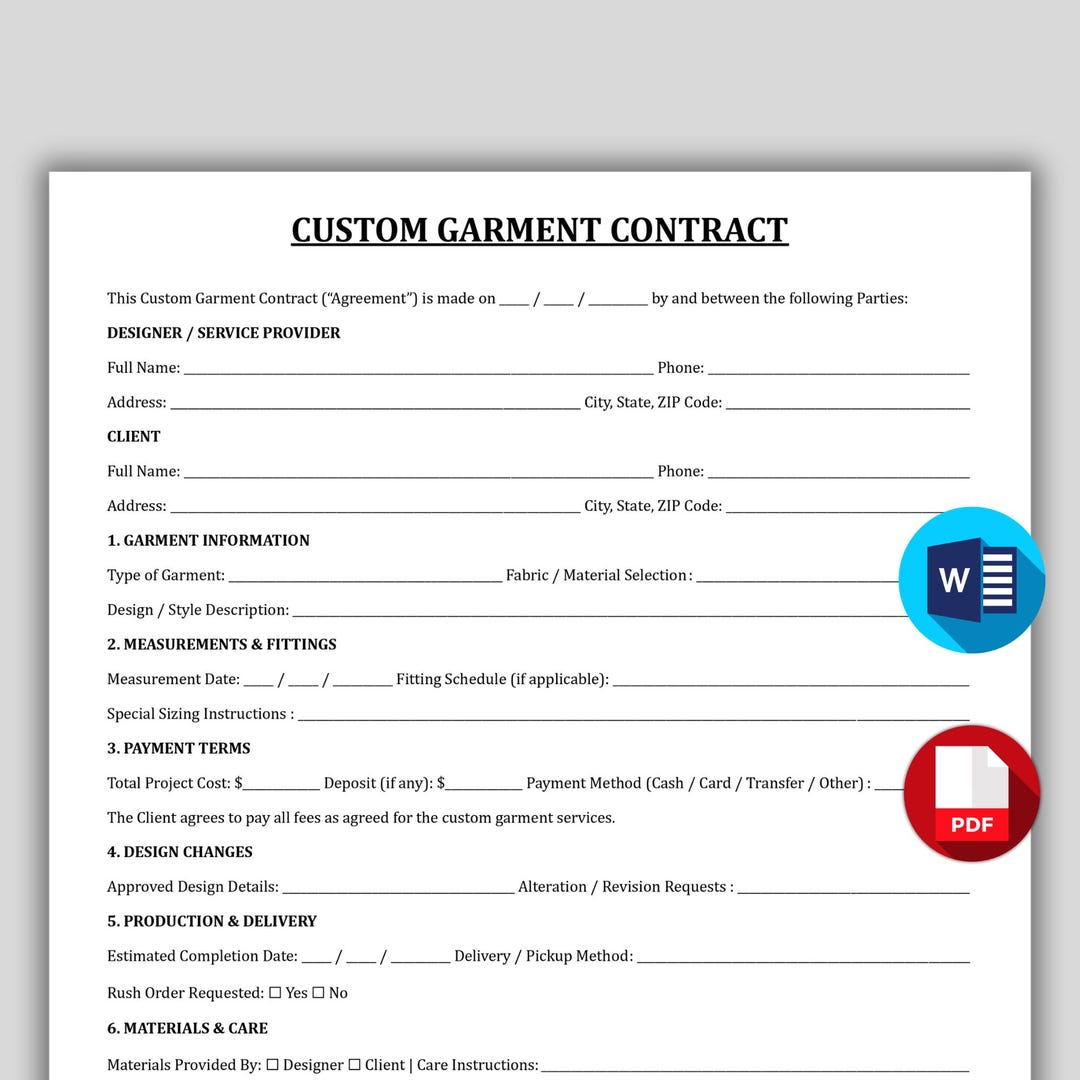Editable Custom Garment Contract Template, Printable Fashion Designer ...