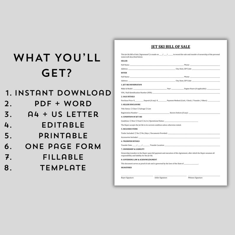 Jet Ski Bill of Sale, Printable Boat Sale Contract, Editable Jet Ski ...