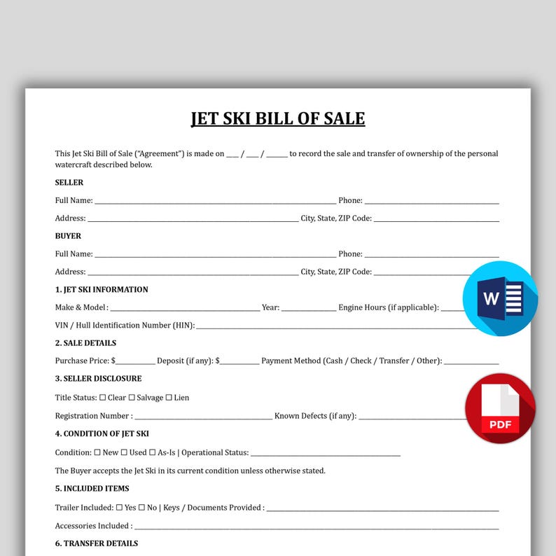 Jet Ski Bill of Sale, Printable Boat Sale Contract, Editable Jet Ski ...