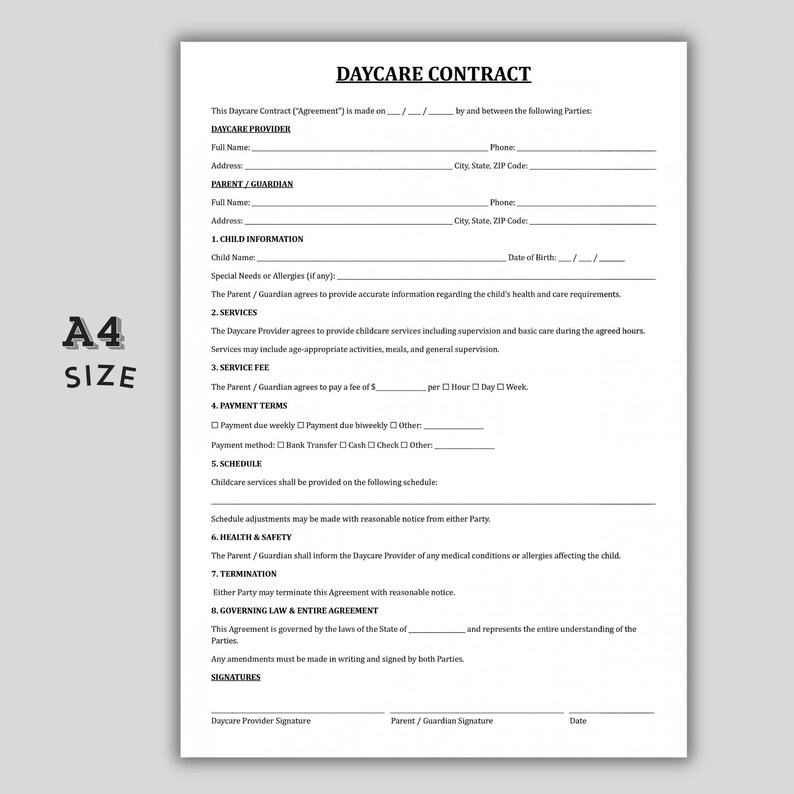 Printable Daycare Contract Template, Editable Child Care Service ...