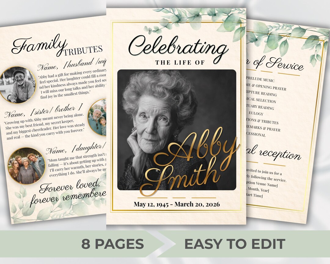 Eucalyptus Funeral Program Template, Editable Celebration of Life ...