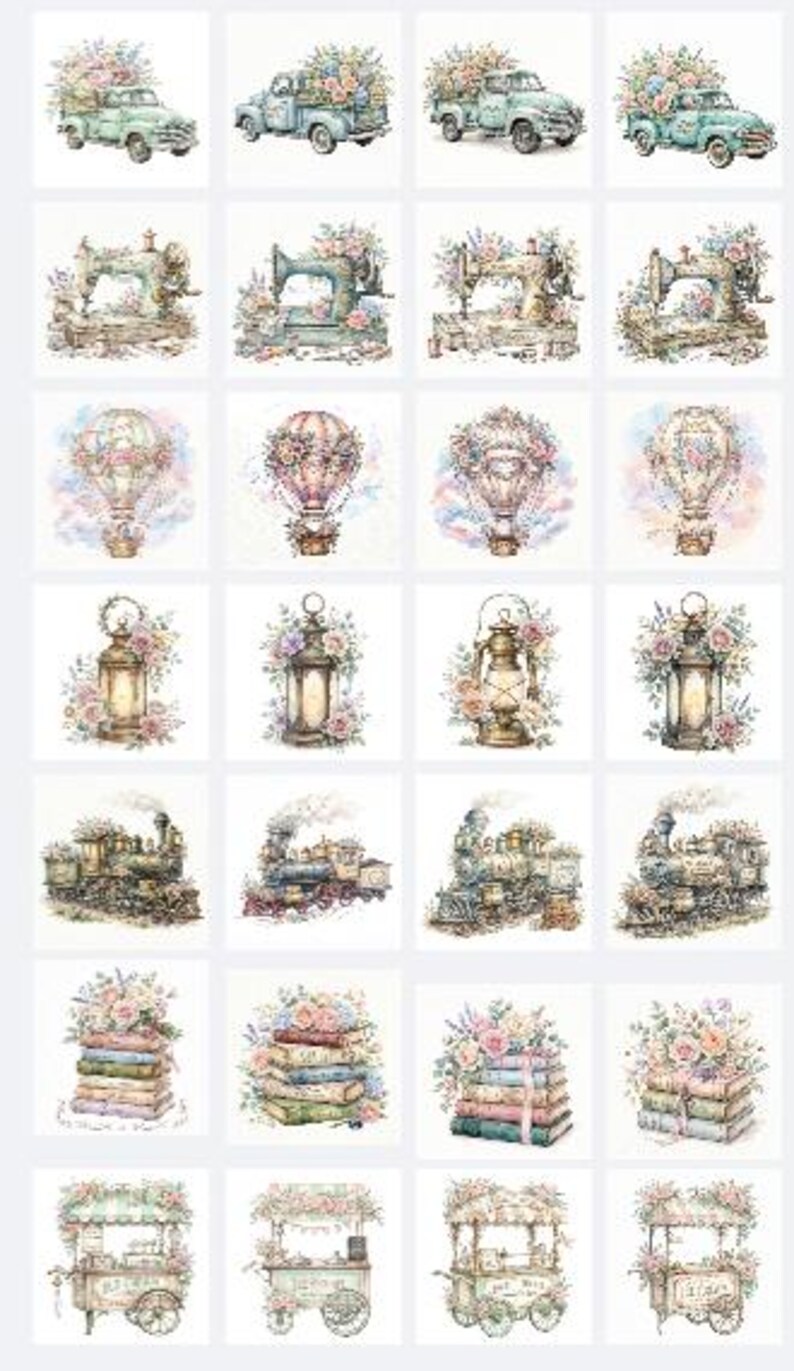 Vintage Watercolor Floral Clipart Bundle, Romantic Retro PNG Elements ...