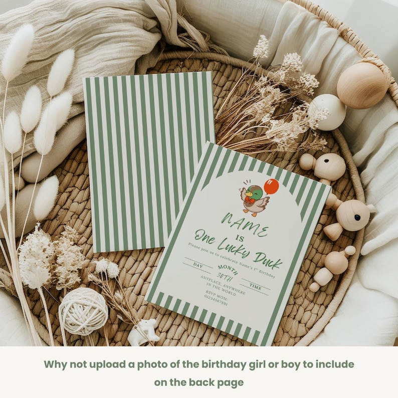 One Lucky Duck Birthday Invitation, Sage Green Stripe Mallard Duck ...