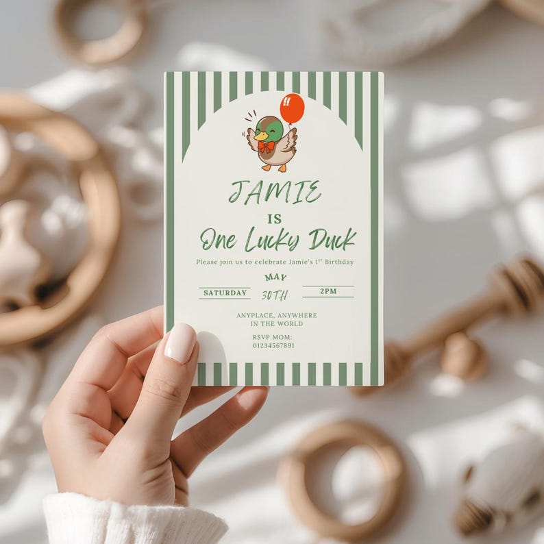One Lucky Duck Birthday Invitation, Sage Green Stripe Mallard Duck ...