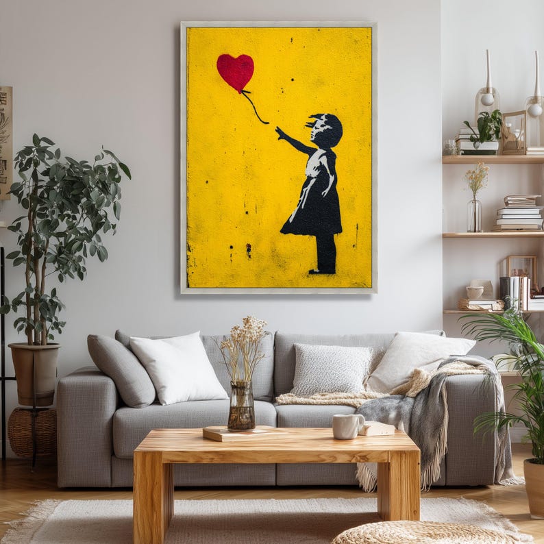 Girl Red Heart Balloon Canvas, Yellow Street Art Print, Modern ...