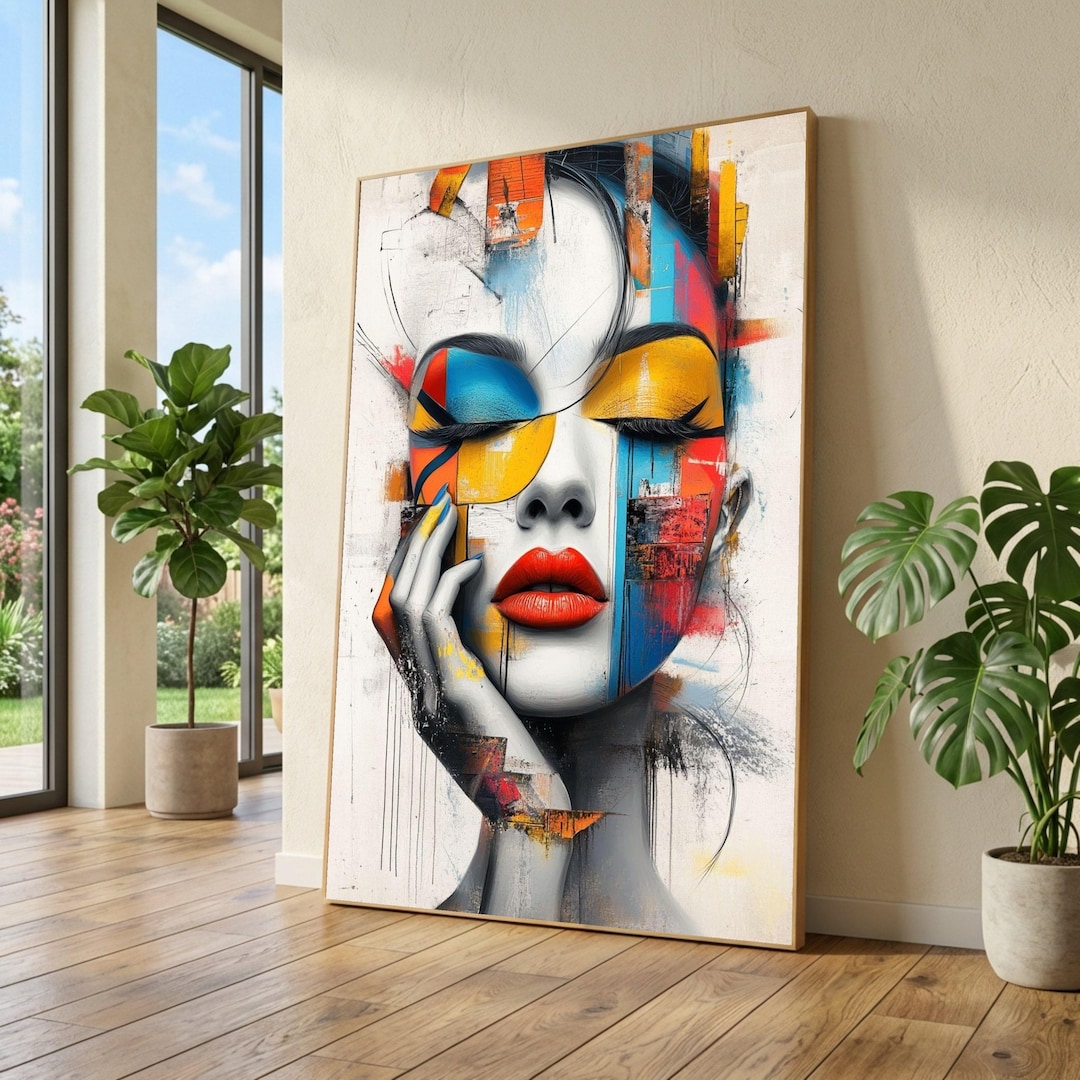 Abstract Woman Face Canvas, Modern Pop Art Portrait, Colorful Geometric ...