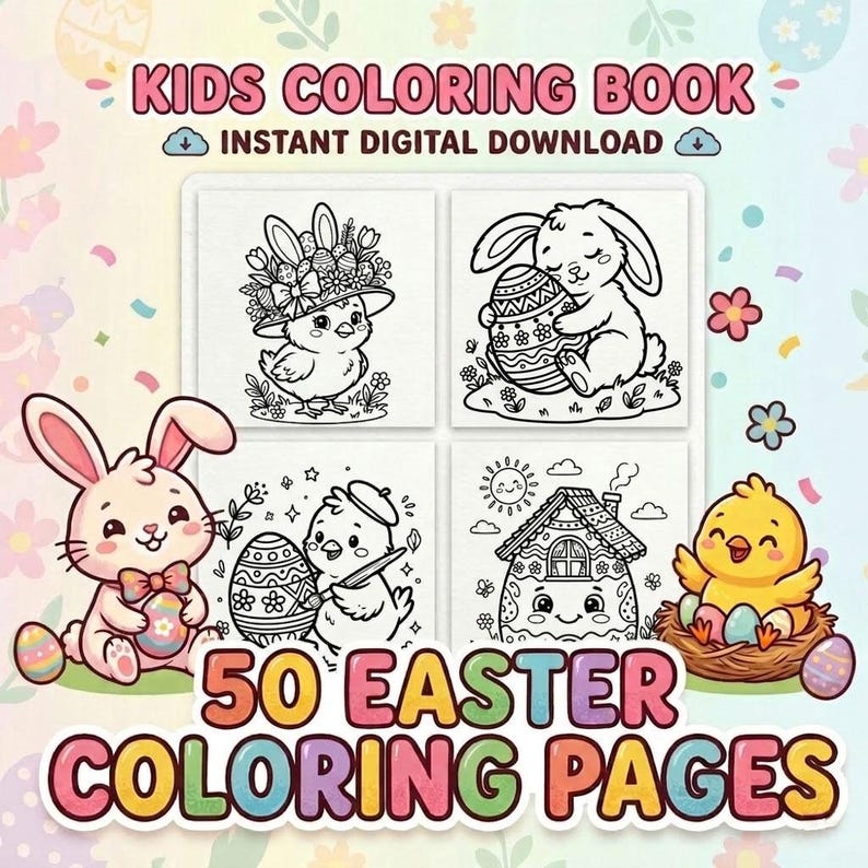 50 Easter Coloring Pages for Kids | Bunny, Egg Printable Activity Book ...