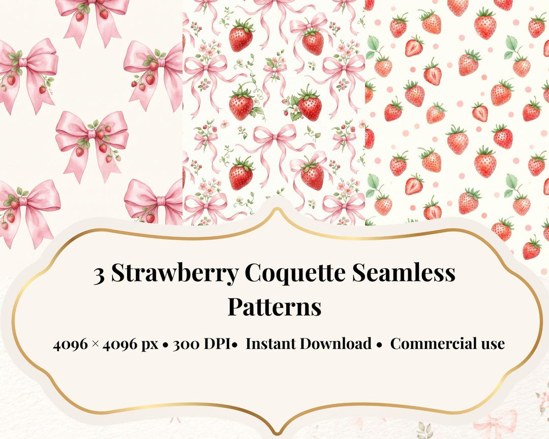 Strawberry Coquette Digital Paper Bundle, 3 Seamless Patterns, Pink Bow ...