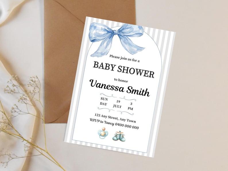 Baby Shower Invitation Template, Blue Bow Baby Shower Invite, Editable ...