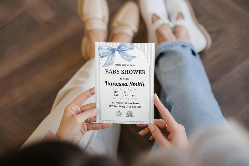 Baby Shower Invitation Template, Blue Bow Baby Shower Invite, Editable ...