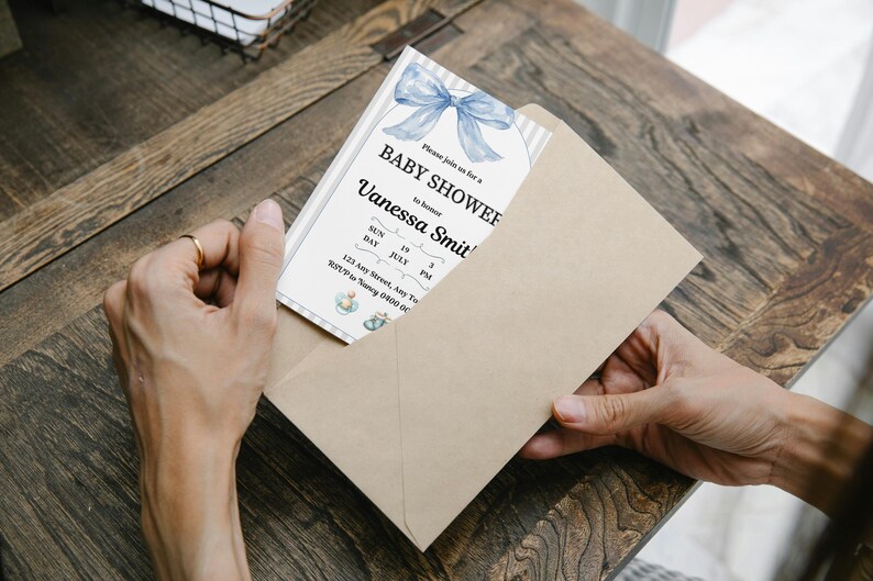 Baby Shower Invitation Template, Blue Bow Baby Shower Invite, Editable ...
