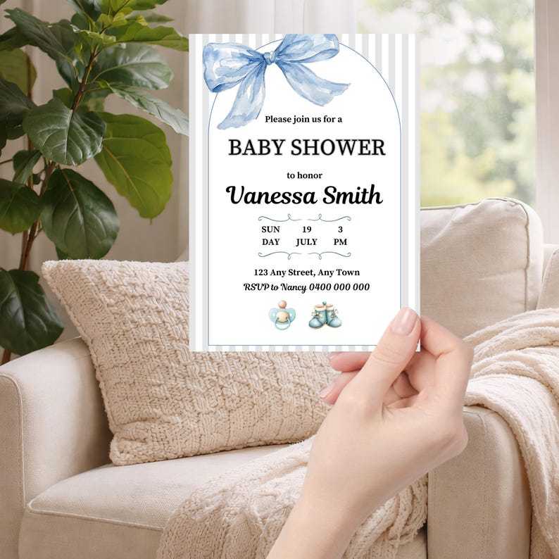 Baby Shower Invitation Template, Blue Bow Baby Shower Invite, Editable ...