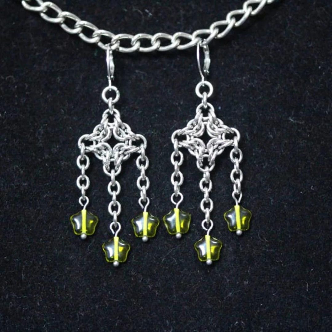 Stainless Steel Chainmail Green Glass Stars Diamond Earrings With ...