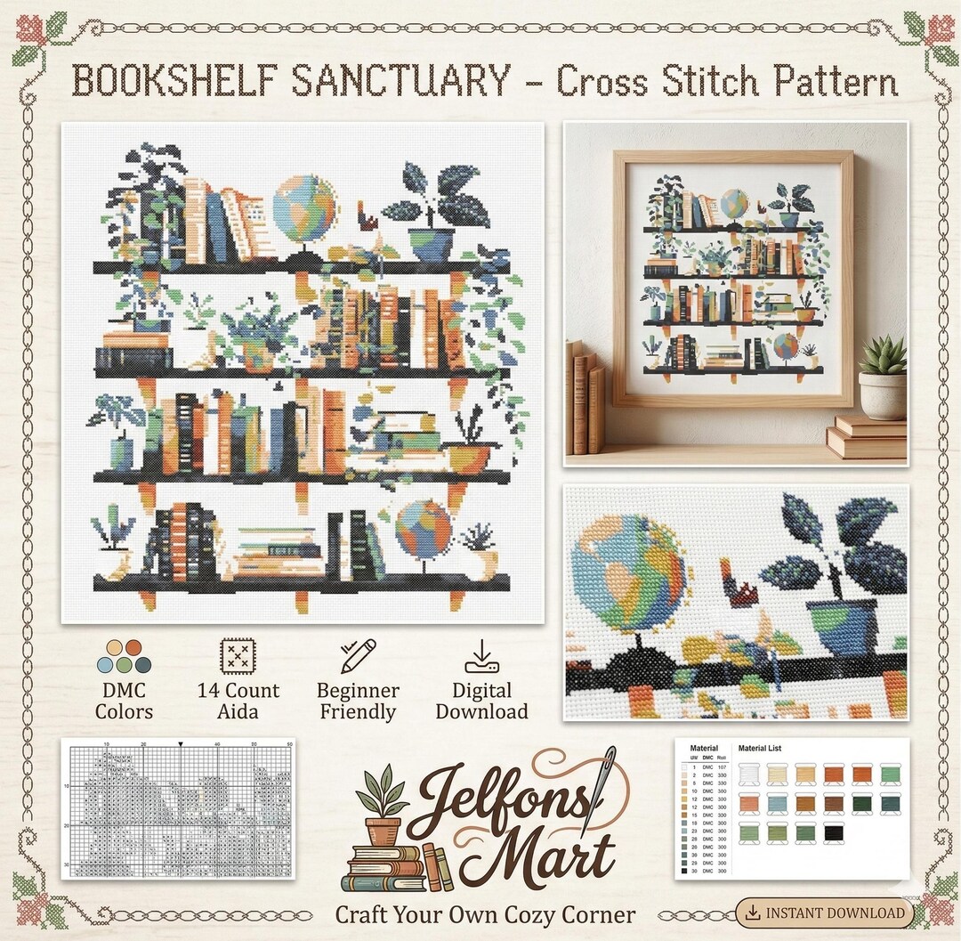 Bookshelf Cross Stitch Pattern PDF, Modern Library Embroidery Design ...