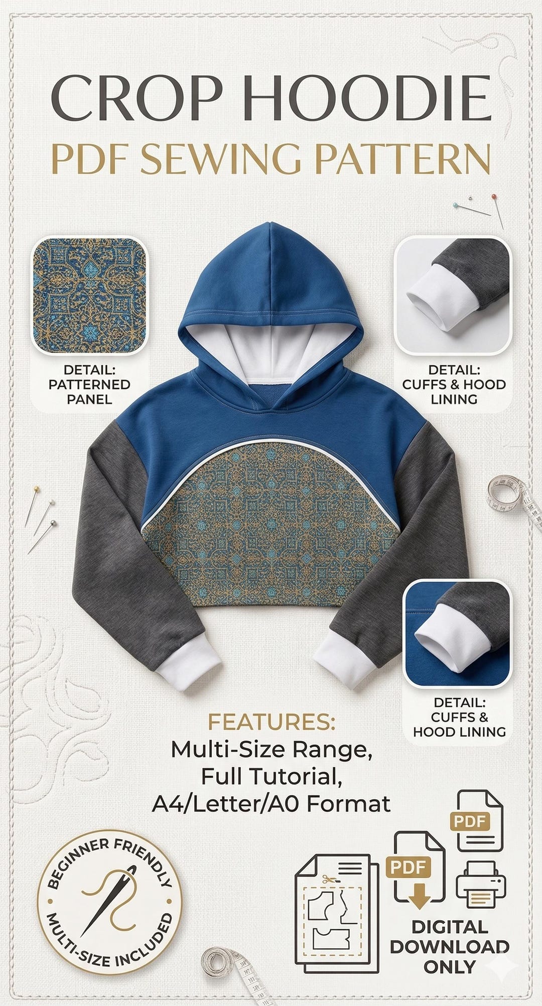 Crop Hoodie Sewing Pattern PDF for Women, Modern Color Block Hooded ...