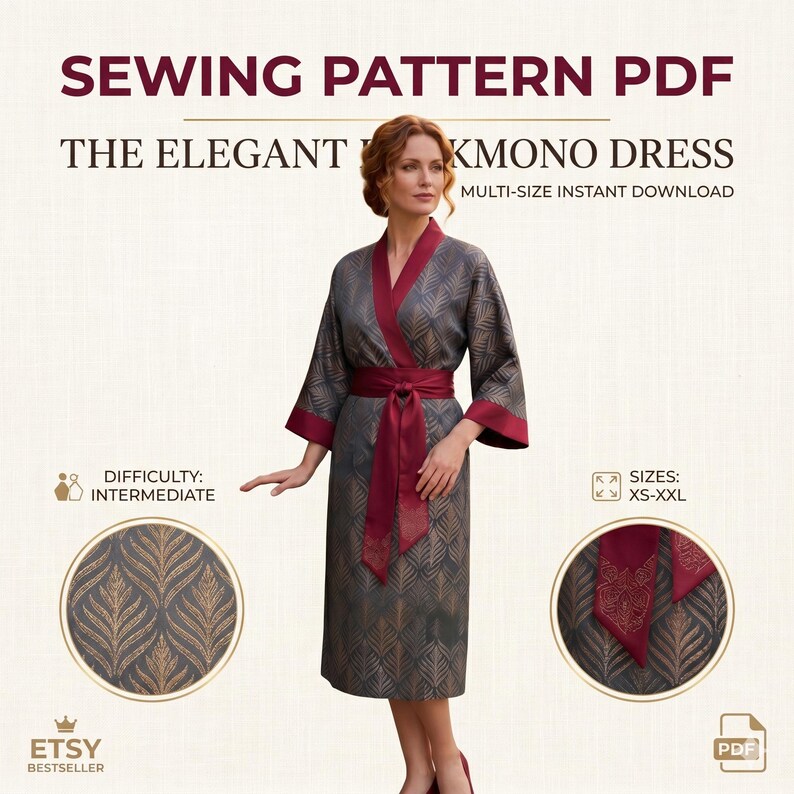 Kimono Dress Sewing Pattern PDF for Women, Elegant Wrap Dress Digital ...