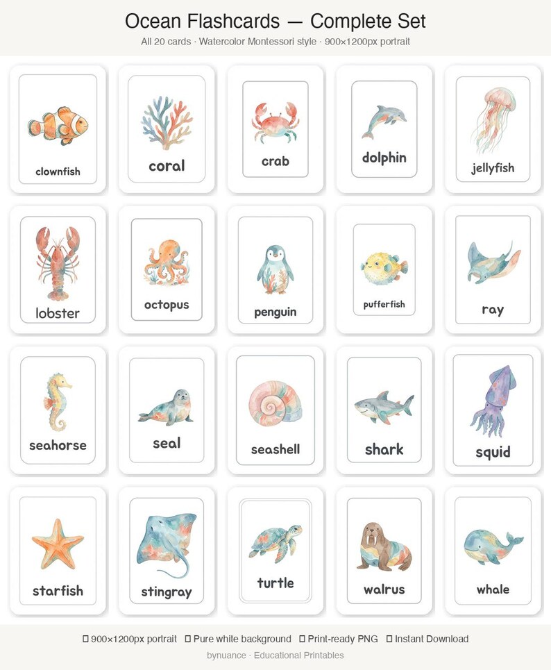Ocean Animals Flashcards | Watercolor Montessori Marine Life (digital ...