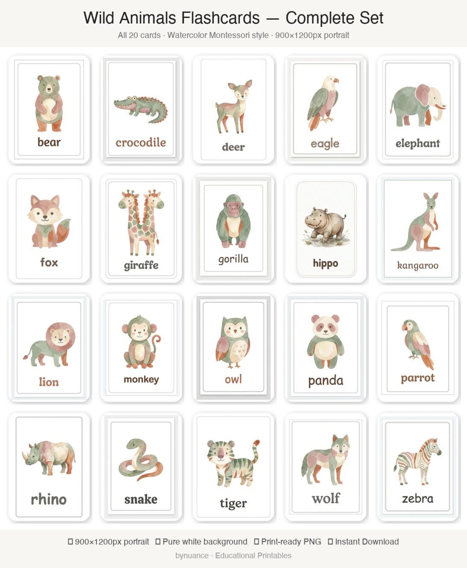Wild Animals Flashcards | Watercolor Safari, Zoo Learning Cards ...