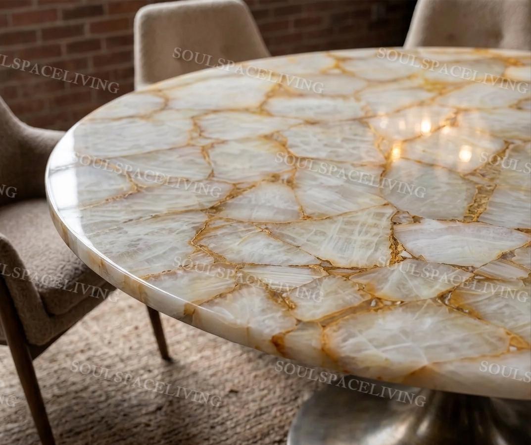 Round White Agate Dining Table, Gold Veining, Luxury Pedestal Furniture ...