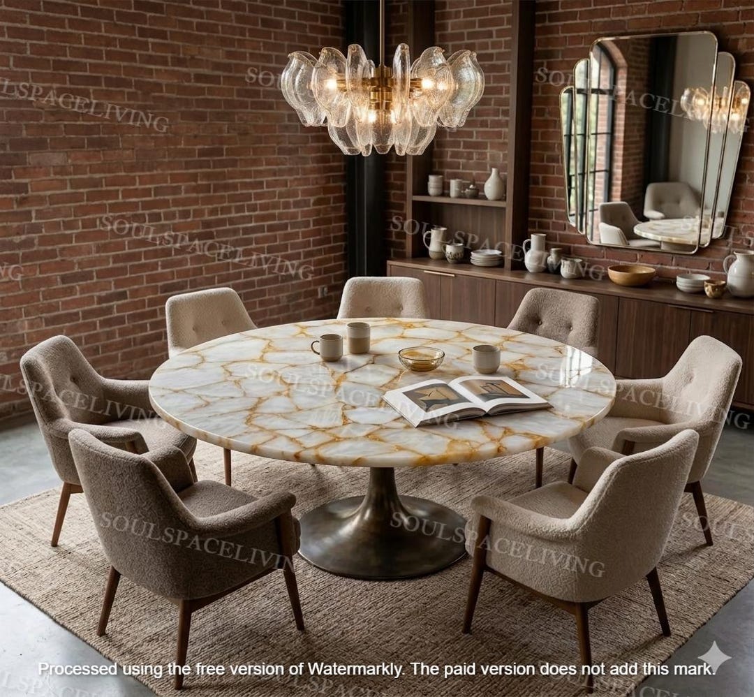 Round White Agate Dining Table, Gold Veining, Luxury Pedestal Furniture ...