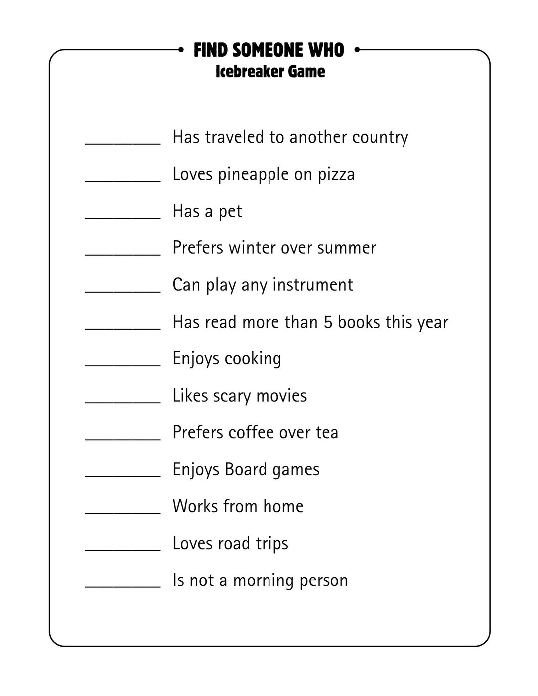 Find Someone Who Icebreaker Printable | Instant Download Party Game ...
