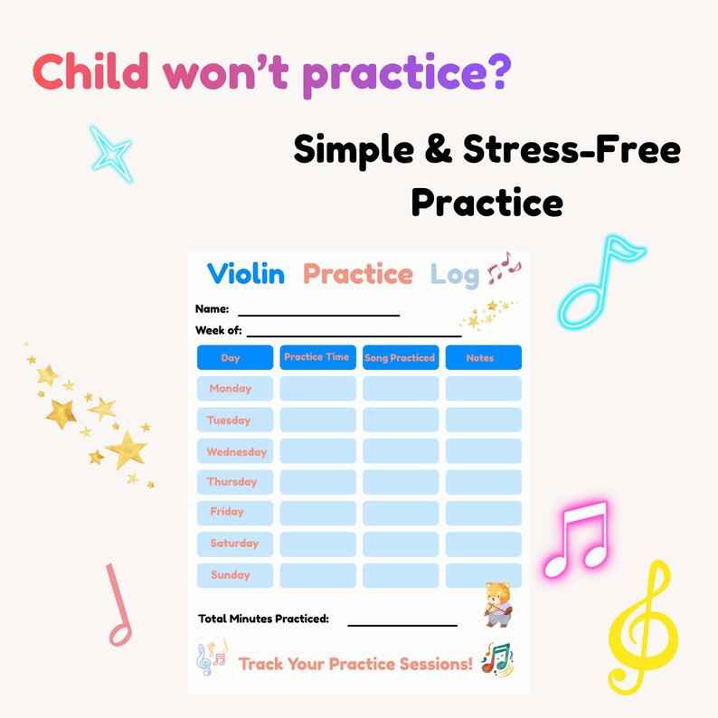 Violin Practice Log for Kids, Printable Music Practice Sheet, Weekly ...