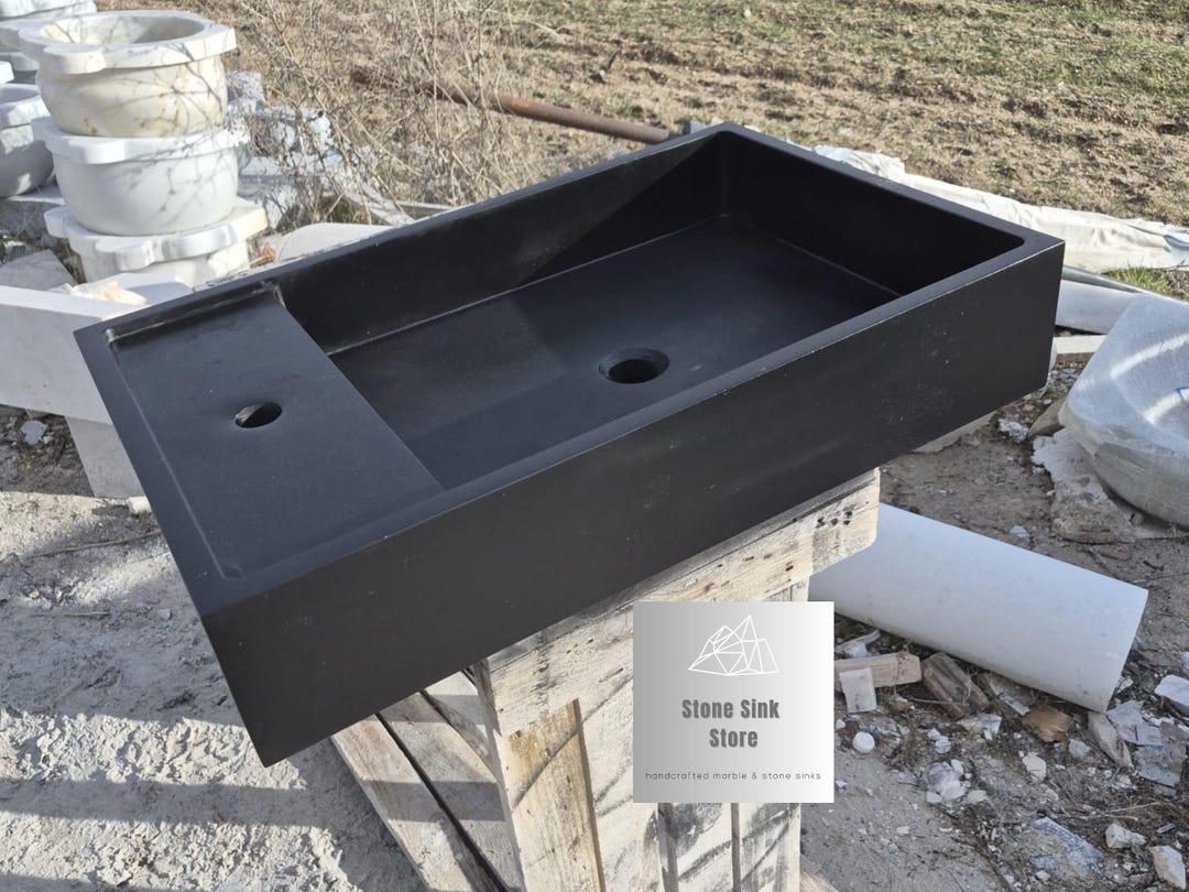 Basalt Black Stone Sink With Faucet Hole: Rectangular Marble Vessel - Etsy