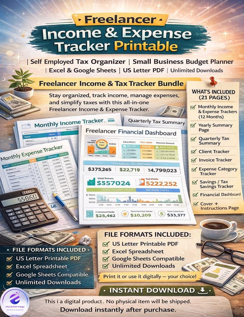 Freelancer Income & Expense Tracker Printable | Self Employed Tax ...