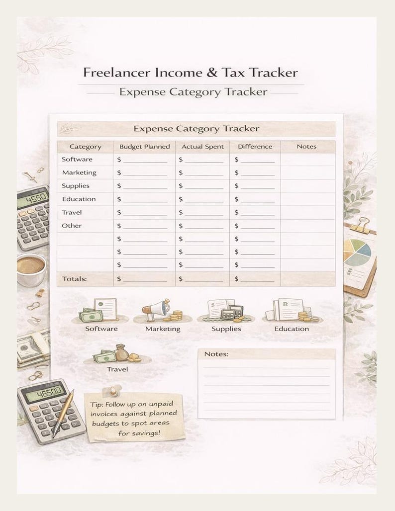 Freelancer Income & Expense Tracker Printable | Self Employed Tax ...