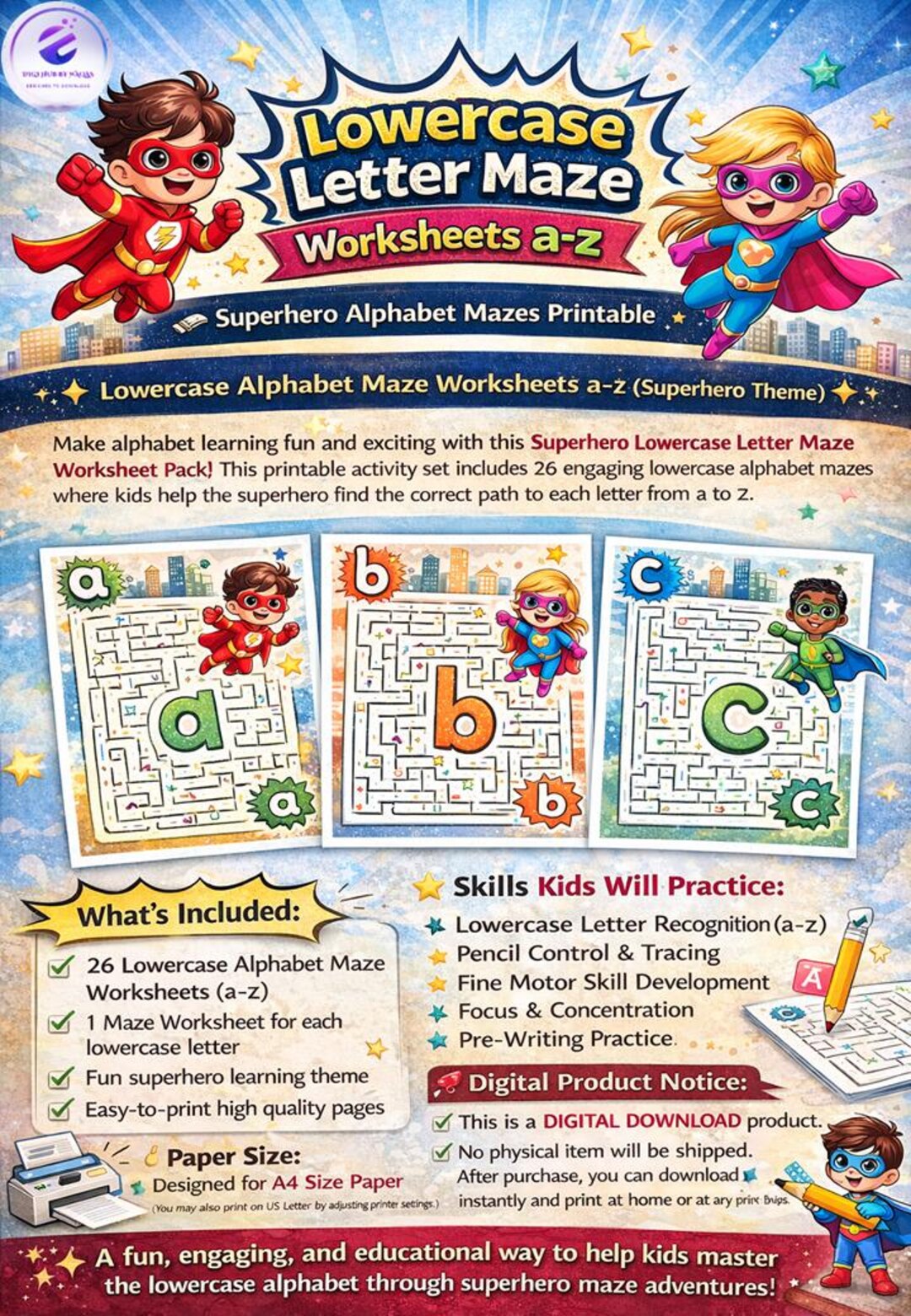 Lowercase Letter Maze Worksheets A-z | Superhero Alphabet Fine Motor ...
