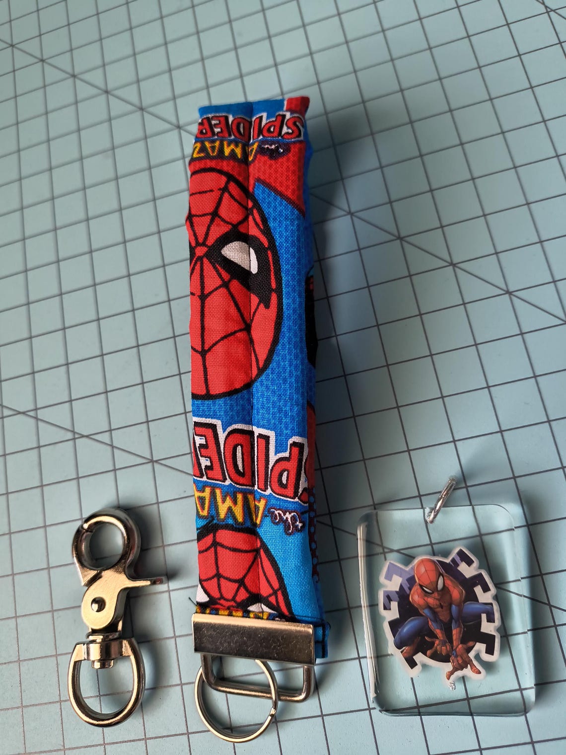 Spiderman Fabric Wristlet Key Fob | Silver-tone Lobster Clasp Keychain ...