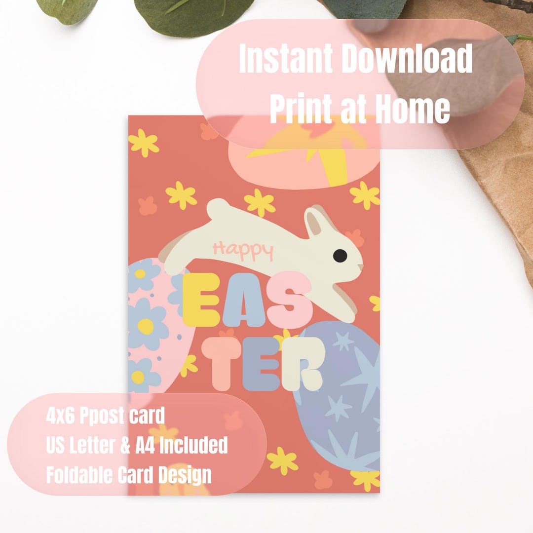 Playful Bunny Easter Card Printable, Instant Download, Spring Greeting ...