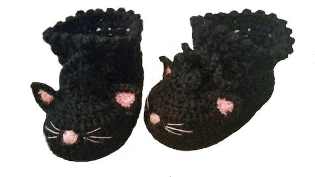 Black Cat Baby Booties Shoes, Crochet Cat Baby Booties, Black Cat Baby ...