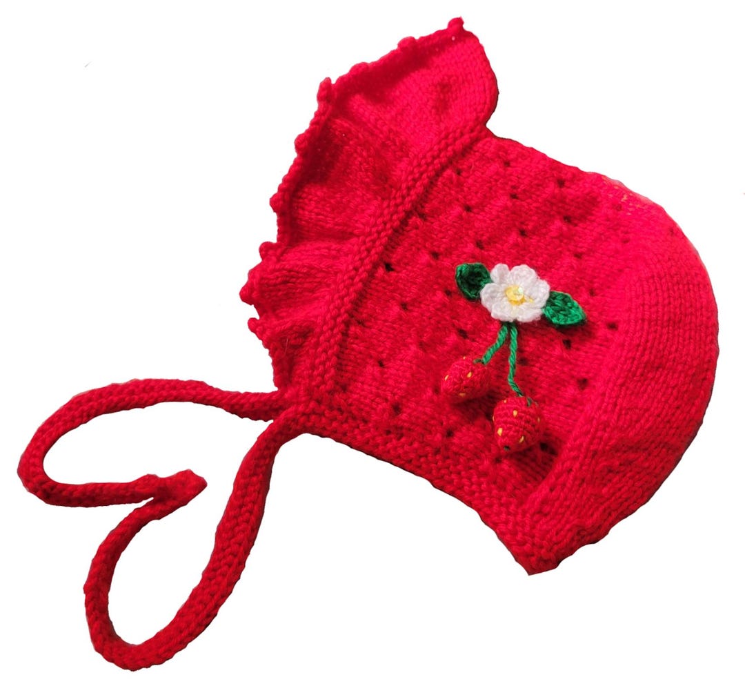 Knitted Baby Girl Bonnet, Red Strawberry Baby Bonnets Hat, Infant Girl ...