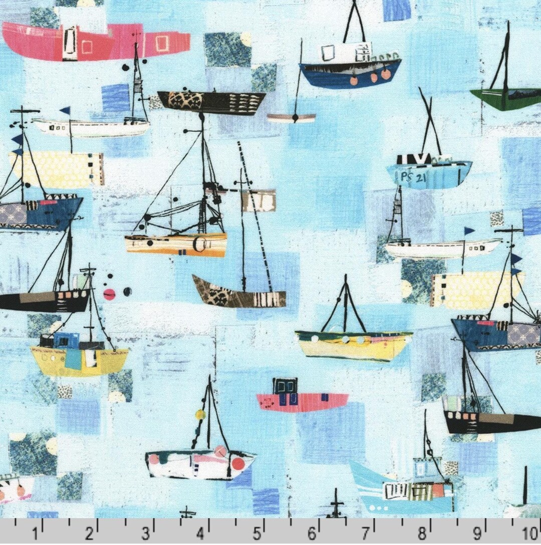 Kaufman SHORELINE Boats Sea Mist - Etsy